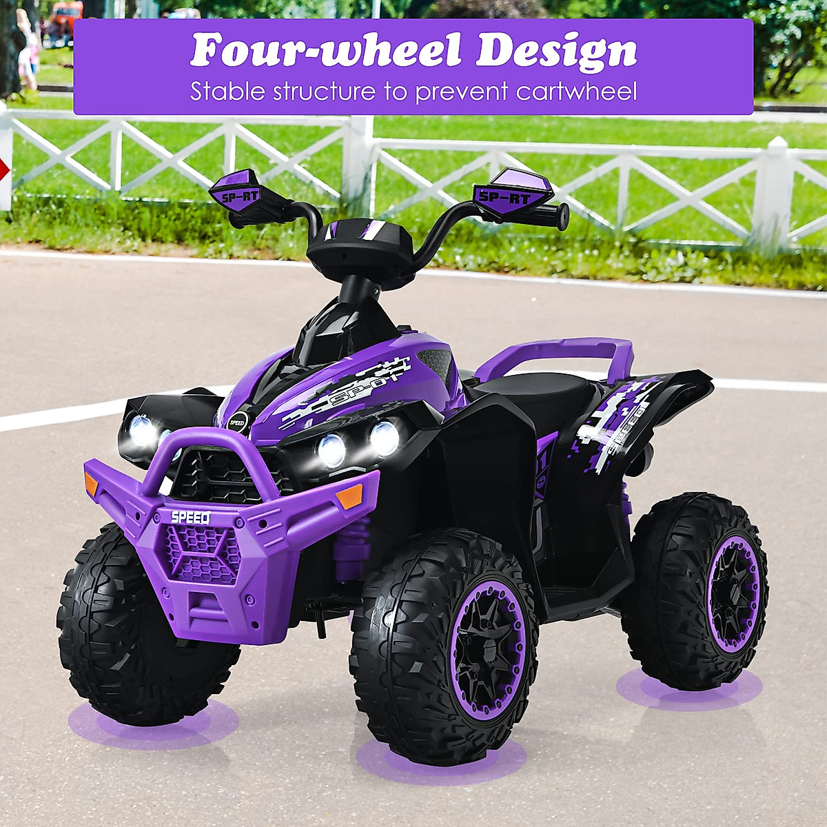 OLAKIDS Ride On ATV, 12V Kids 4 Wheeler Battery Powered Toy Car for Toddlers, Electric Rear Motorized Quad Vehicle for Boys Girls with LED Lights, Music, Horn, High Low Speed, Soft Start (Purple)