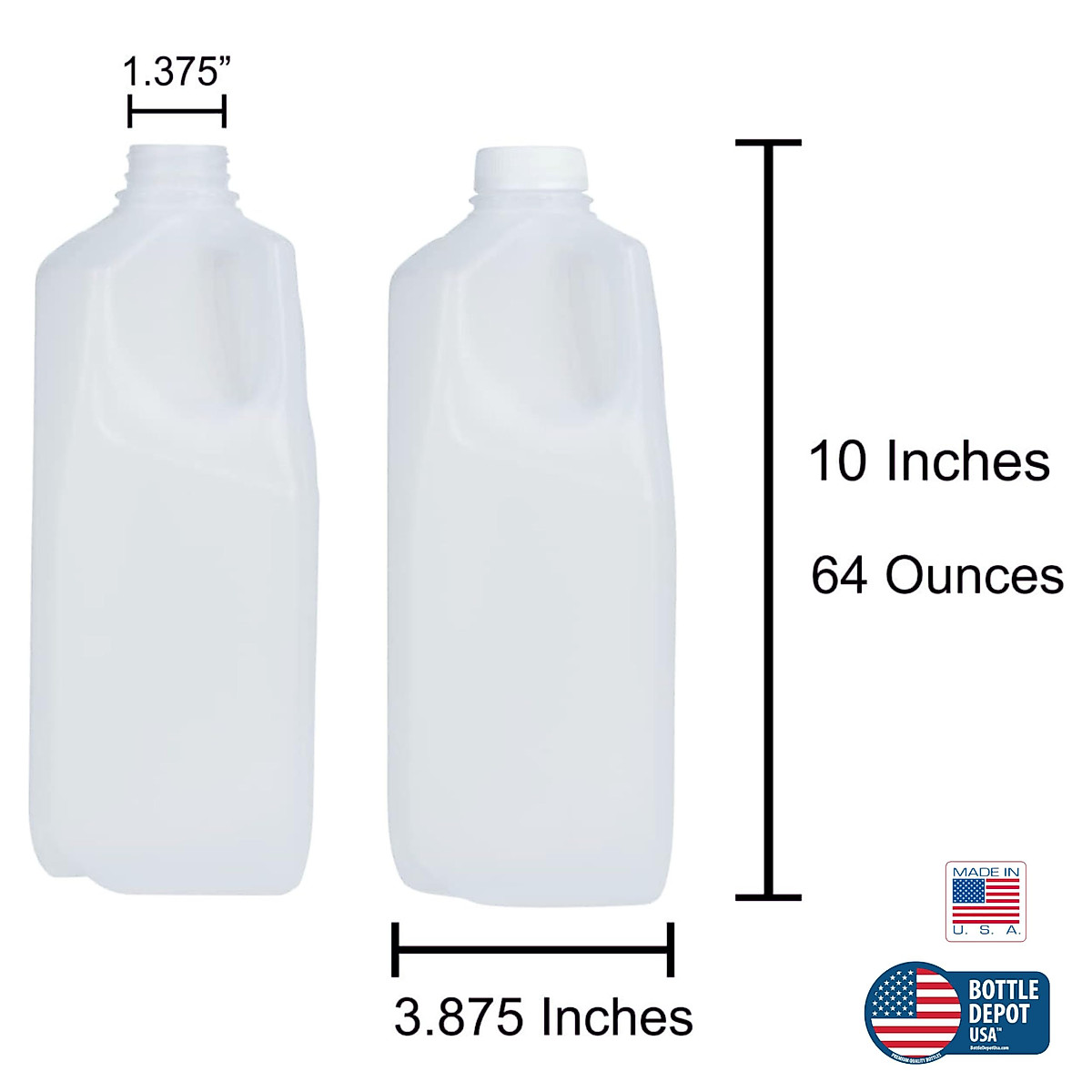 BOTTLE DEPOT USA [12 Pack] Half Gallon Jugs Bottles (64 oz) with Tamper Evident White Caps – Great for Homemade Juices, Milk, Smoothies, Tea and Other Beverages - Food Grade BPA Free
