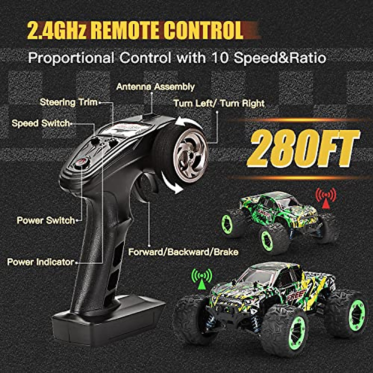 WIAORCHI 1:18 Scale 2.4Ghz All-Terrain RC Cars, 40KM/H High Speed 4WD Remote Control Car for Adults Kids, Waterproof Off -Road RC Monster Trucks with 2 Batteries for 40Min Play, RC Toys Gifts for Boys