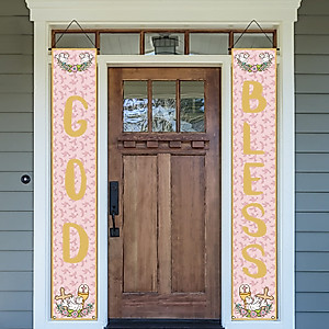 Pink First Communion Decorations God Bless Porch Banner Baptism Front Porch Sign 1st Communion Confirmation Decoration and Supplies for Girls-12×71''