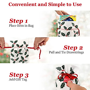 Fabric Gift Bags for Christmas Presents - Set of 6 Christmas Bags with Drawstring, Large Christmas Gift Bags for Presents, Christmas Gift Wrap, Reusable Christmas Bags for Gifts (Christmas Holly)