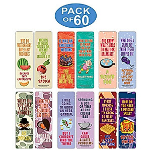 Creanoso Funny Food Jokes Puns Bookmarks (60-Pack) – Unique Stocking Stuffers Gifts for Boys & Girls, Unisex Adults – Cool Book Page Clippers Collection Set for Kids – Awesome Giveaways