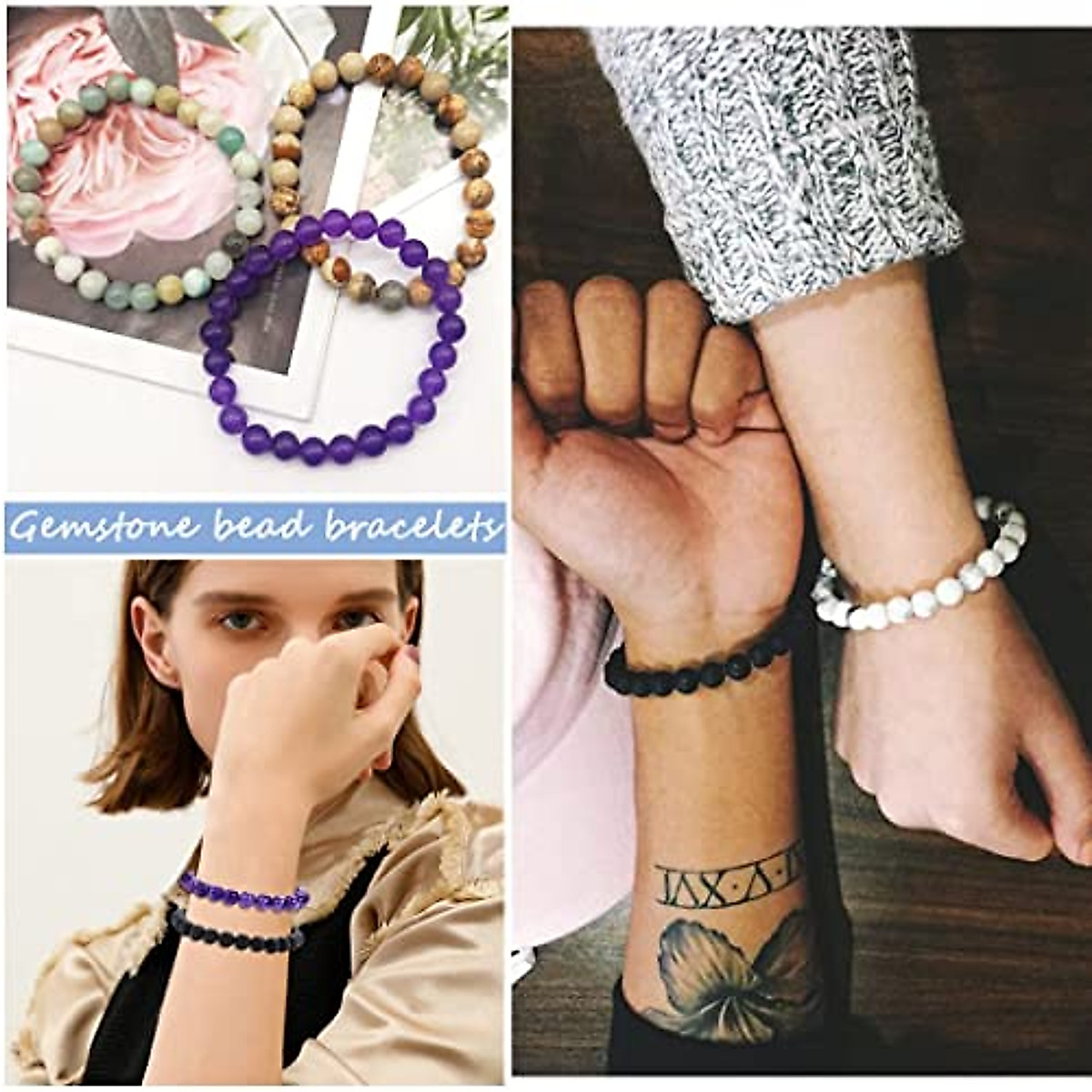 Jewdreamer 12Pcs 8mm Semi-Precious Gemstone Bracelet Healing Crystal Stone Beaded Bracelets for Women Men Unisex Adjustable Bead Stretch Bracelets Set