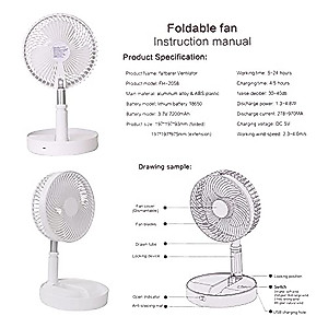 Portable Desk Fan,Foldable Fan Pedestal Stand Floor Fan Adjustable Height from 14.2 inch to 39inch, 4 Speeds & Time Settings, 7200mAh Rechargeable Battery Telescopic Oscillate USB Charging (WHITE)