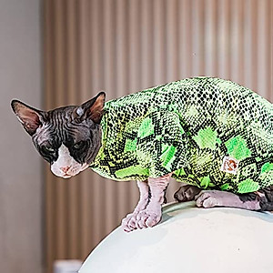 Sphynx Hairless Cat Clothes Spring Summer Limited Edition Snake Skin Pattern Cotton T-Shirts Elasticity Turtleneck Pet Clothes for Cat (M (6-7.7lbs), Fluorescent Green)