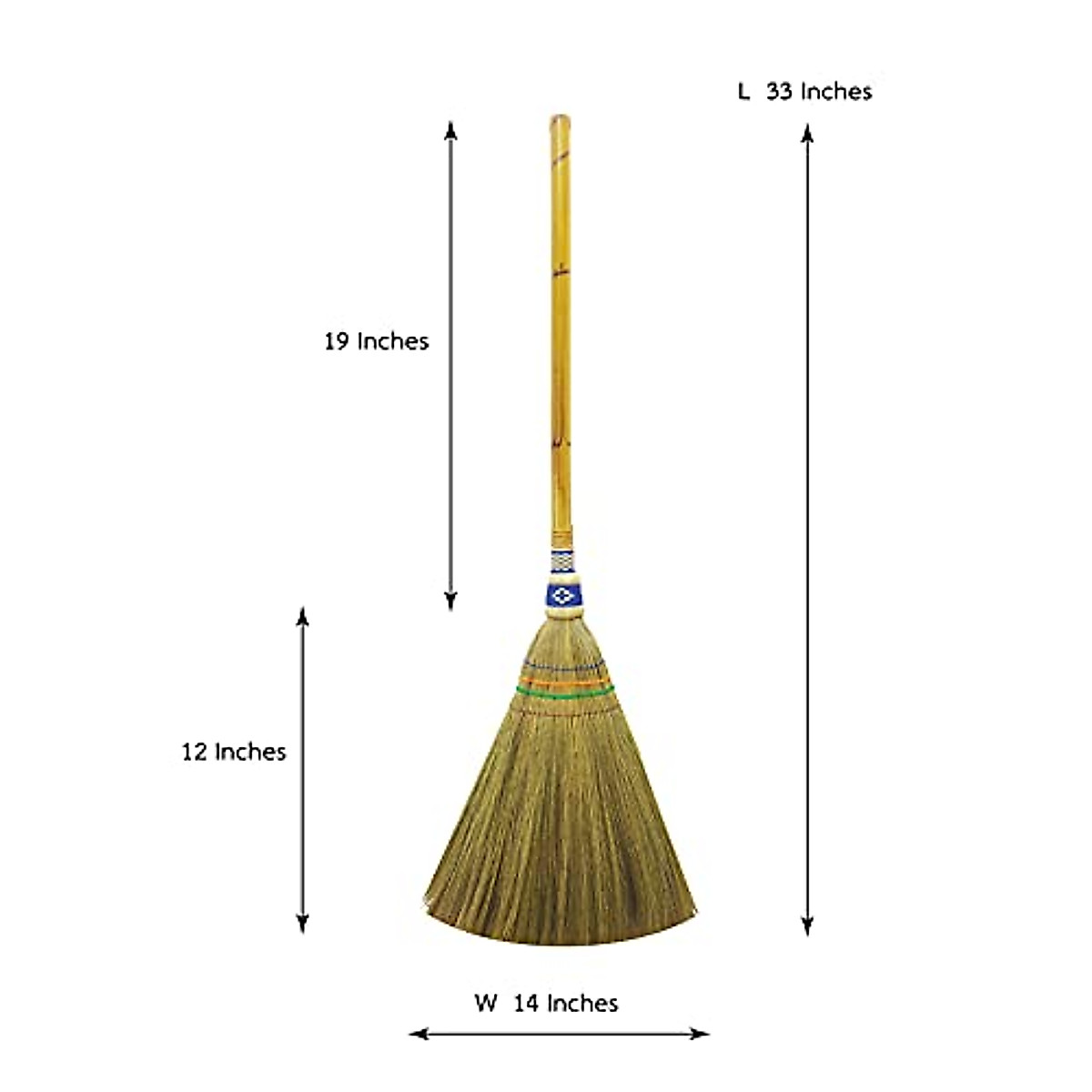 Hand Brush Broom L 22 Inch Natural Grass Broom with Mini Bamboo Handled Red/Blue Indoor Outdoor Smooth Hard Floor Sweeping Cleaning Handmade Home, Kitchen, Bedroom, Lobby Room,Whisk Broom (Classic)