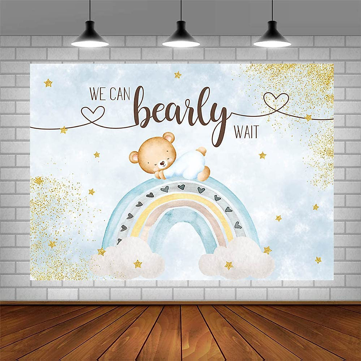 AIBIIN 7x5ft Bear Baby Shower Backdrop for Boy Rainbow Stars Clouds Gold Dots Blue Photography Background Baby Shower Party Deacorations Banner Photo Booth Studio Props