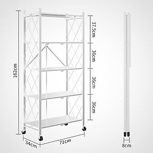 Muichi Folding Shelf 5-Tier, Foldable Shelves with Wheels, Heavy Duty Shelving Unit, Sturdy Metal Shelf Storage Organizer Rack for Kitchen, Garage, Home, Office, Garden (White)