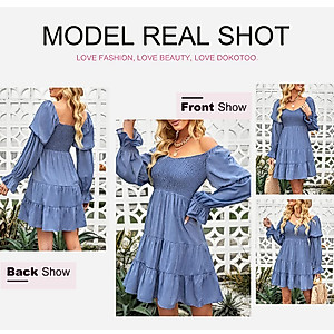 Dokotoo Women Cute Summer Spring 2025 Sexy Off The Shoulder Square V Neck Long Sleeve Babydoll Mini Short Dress Ruffle Smocked Easter A-Line Short Birthday Dresses for Women Casual 2024 Blue Small