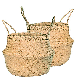 LiloCraft 2 Pack Seagrass Plant Basket XLarge (Size: 14x13inches, Pattem: Natural) - TheMulti Functional Home Decor Storage Solution with Eco-Friendly, Woven Basket Planter Indoor with Handles, Round Boho Plant Pot