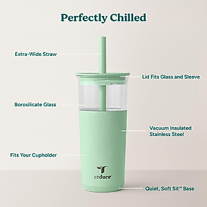 REDUCE Aspen 20 oz Vacuum Insulated Glass Tumbler with Lid & Extra Wide Straw - Keeps Drinks Cold for 12 Hrs - Ideal for Iced Coffee, Smoothies & Boba - Dishwasher Safe, Soft Base - Matcha
