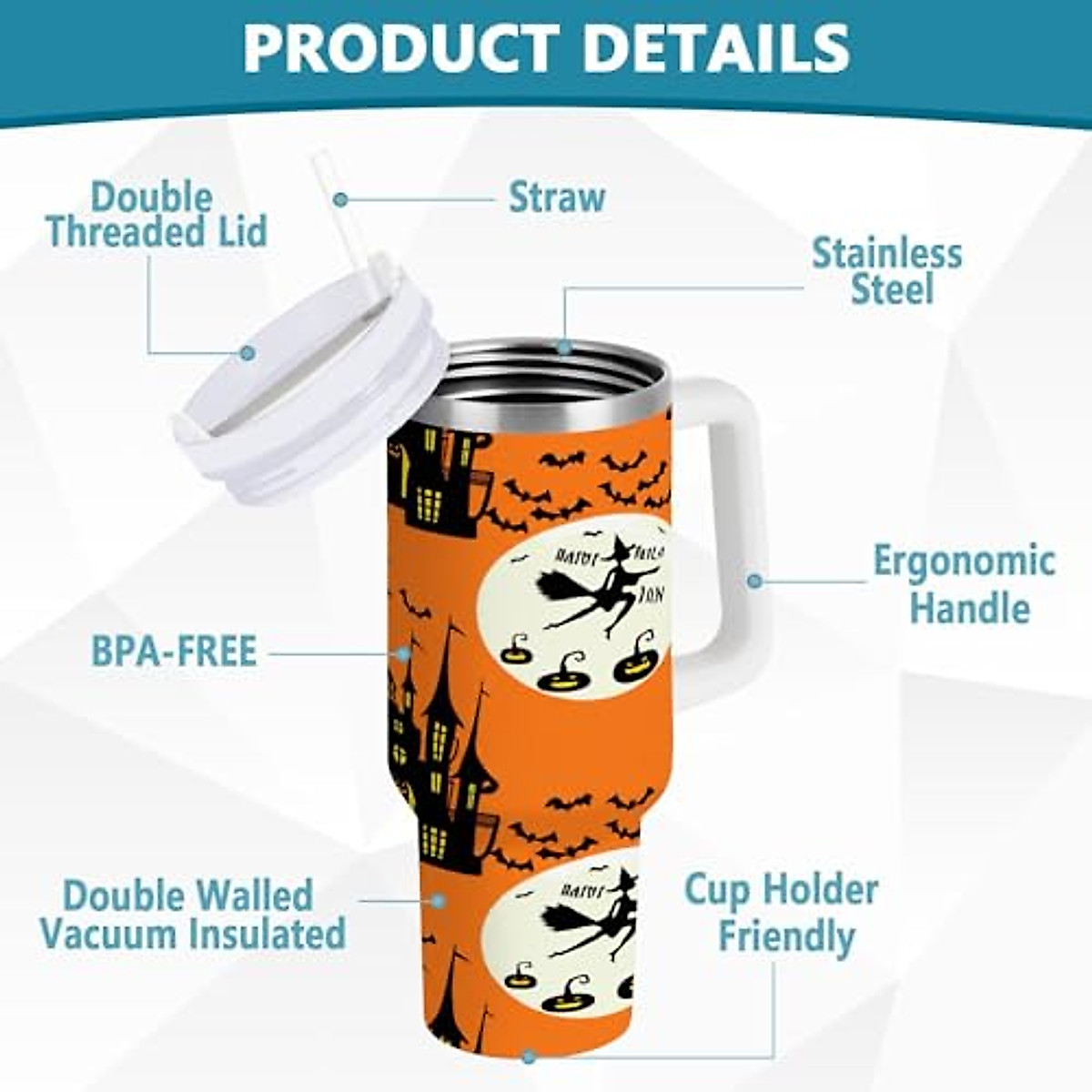 RPLIFE Halloween Haunted Houses 40oz Tumbler with Handle, Stainless Steel Tumbler with Straw, Coffee Tumbler