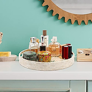 Round Serving Tray Shell Coffee Table Tray with Handles Elegant Decorative Tray for Food,Breakfast,Dinner,Ottoman,Parties,Restaurants and Bathroom, Blue, 11.8'