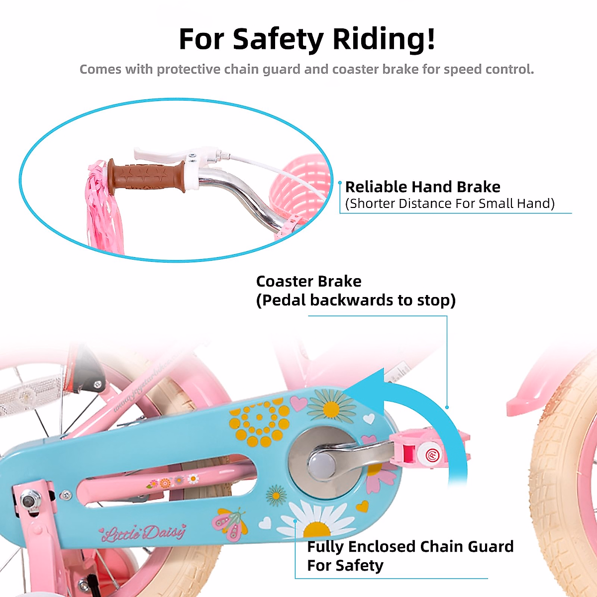 JOYSTAR 14 Inch Kids Bike Little Daisy Girls Bike with Training Wheels Doll Bike Seat Basket & Streamers Princess Kids Bicycle for Girls Toddler Bike 3-5 Years Pink