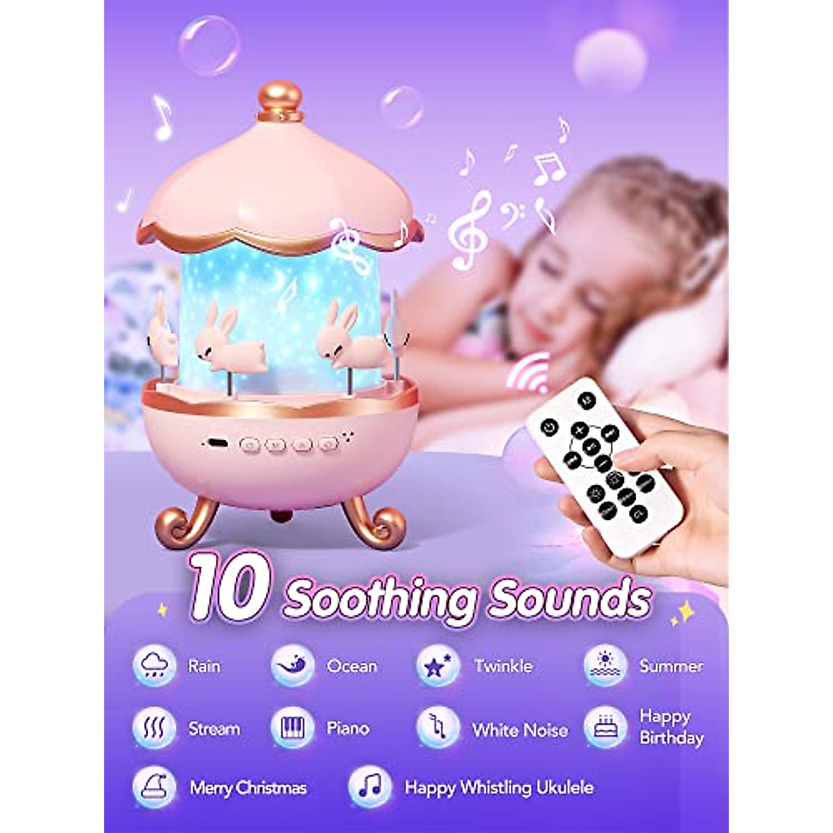 One Fire Night Light for Kids Room Decor, 72 Light Modes Sound Machine Baby Night Light Projector, Remote Timer Kids Night Lights for Bedroom, Rechargeable White Noise Kawaii Unicorns Gifts for Girls