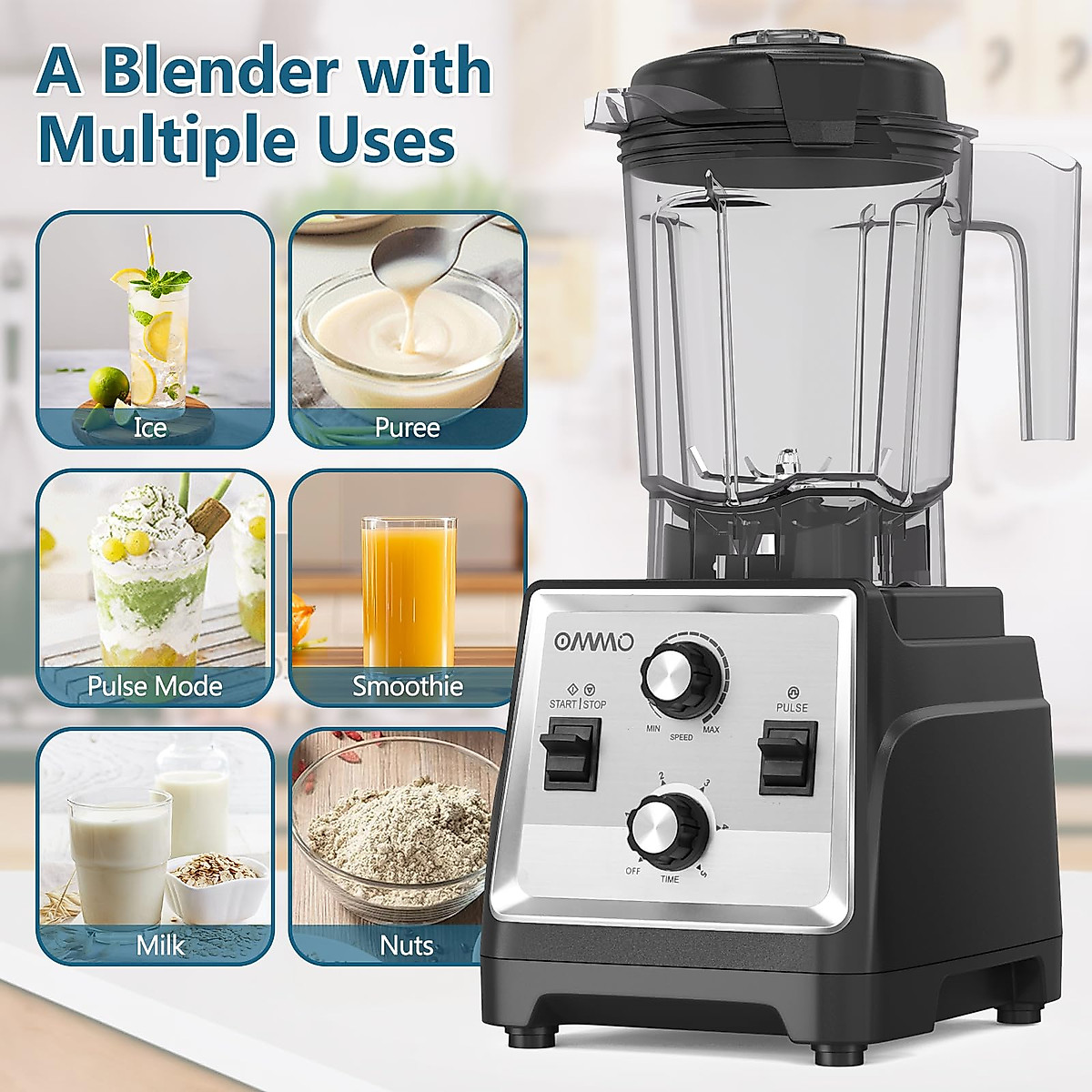 OMMO Blender 1800PW, Professional High Speed Countertop Blender for Kitchen with Durable Stainless Steel Blades, 68oz BPA Free Blender for Shakes and Smoothies, Nuts, Ice and Fruits, Dishwasher Safe