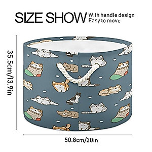 Kigai Cotton Rope Basket Cartoon Cat Collapsible Baby Laundry Basket with handles Blanket Basket Kids Toy Storage Basket for Shelf Organizer Home Decor