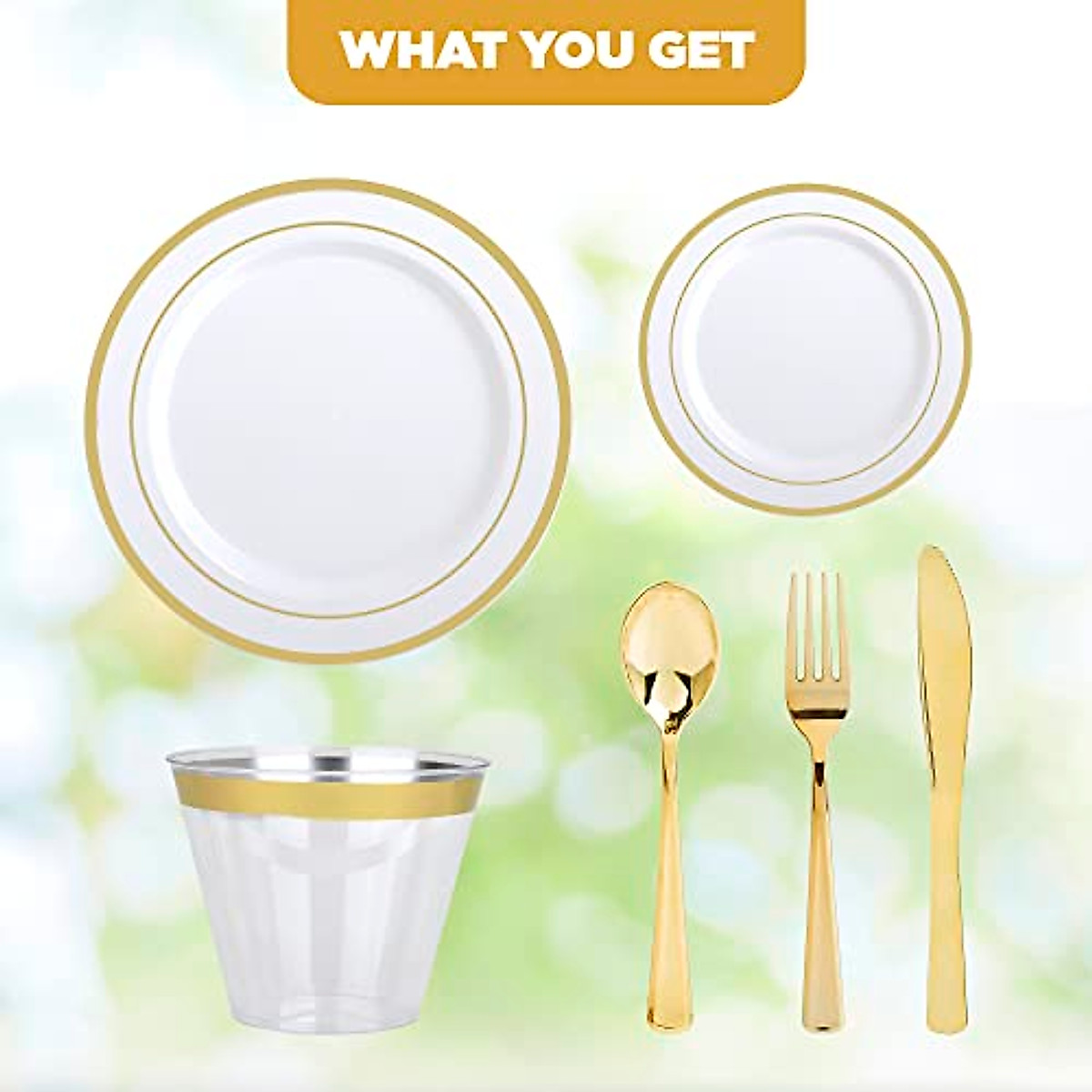600 Piece Wedding Party Plates Disposable Dinnerware Set 100 Guests -By Zulzzy -100 Gold Plastic Plates, 100 Gold Salad Plates, 100 Gold Plastic Silverware Set, 100 Gold Plastic Cups