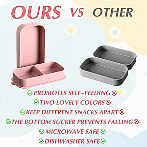 Uiifan 2 Pack Baby Suction Plate Set Silicone Suction Plate Baby with Lid Divided Suction Bowls for Baby Portable Toddler Utensils Compact for Self Feeding Baby Travel Essential (Gray, Pink)