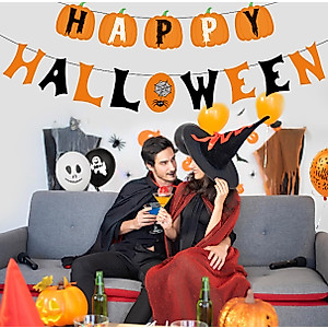 Halloween Party Balloons Banner Supplies Set,include Cupcake Toppers,Selfie Photo Props,Halloween Banner,Bat Wall Stickers,Black Orange Foil Latex Balloons,72Pcs Halloween Theme Party Decorations