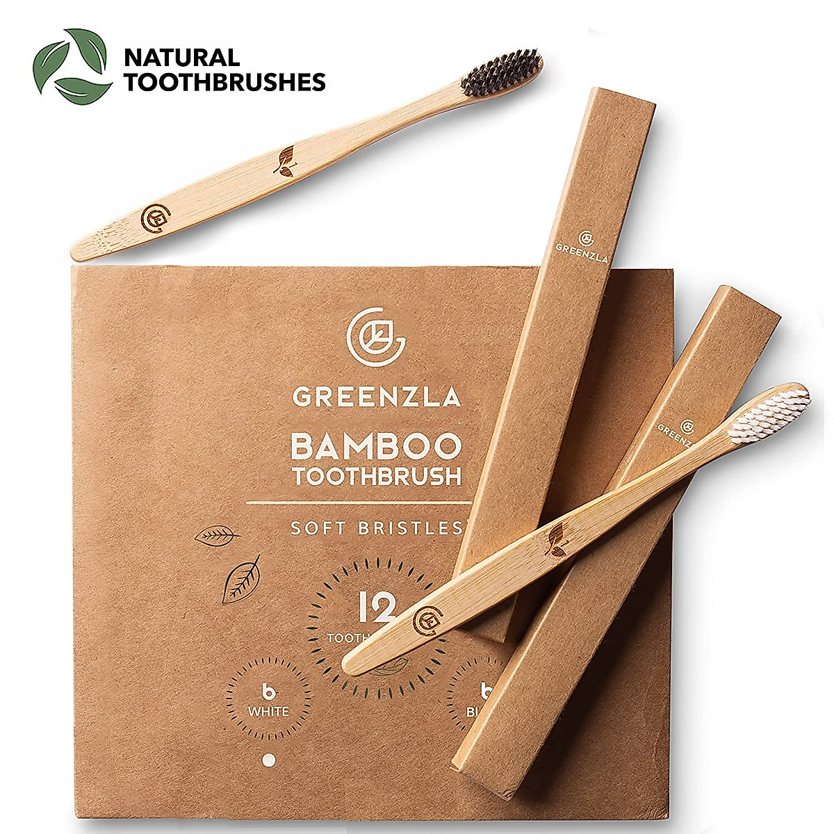 Greenzla Biodegradable Bamboo Toothbrushes, 12 Pack Sturdy BPA Free Soft Bristles Toothbrushes for Adults with Toothbrush Travel Case & Charcoal Dental Floss, Organic & Compostable Wooden Toothbrushes