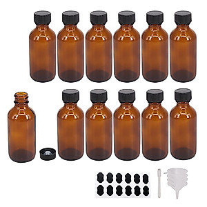 BPFY 12 pack 2oz Amber Boston Glass Bottle With Black Poly Cap, Funnel, Chalk Labels, Pen Dispensing Bottles for Homemade Vanilla Extract, Essential Oils, Herbal Medicine, Wedding Christmas Decor
