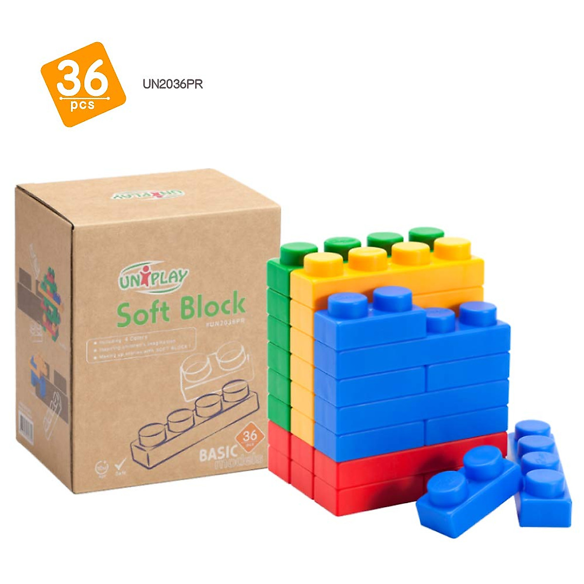 UNiPLAY Basic Soft Building Blocks — Cognitive Development Toy, Educational Blocks, Interactive Sensory Chew Toy for Ages 3 Months and Up (36-Piece Set)