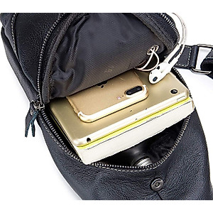 BULLCAPTAIN Genuine Leather Men Sling Crossbody Bag Multi-pocket Chest Bag Casual Travel Hiking Sling Backpack with Earphone Hole (Black)