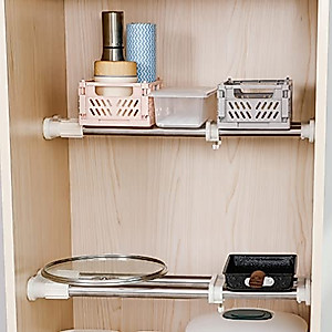 Hershii 2 Pack Expandable Closet Shelf Tension Rod Adjustable Metal Storage Rack Cabinet Organizer DIY Divider Separator for Wardrobe Cupboard Kitchen Bathroom, Ivory, 11.81-15.75 in