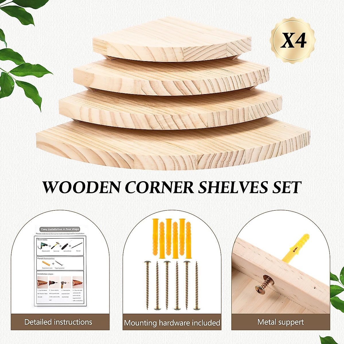 Gulfmew Wooden Corner Shelves Set of 4 Sizes Floating Corner Shelves for Wall Wood Round End Corner Wall Shelves Rustic Wall Mounted Corner Shelves for Bedroom, Living Room, Bathroom, Kitchen