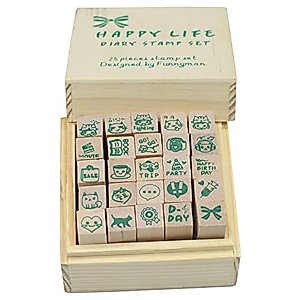 Pack of 25 Pcs Small Green Happy Life Shape Wooden Rubber Stamps with Box for DIY Craft Card and Photo Album (Green)