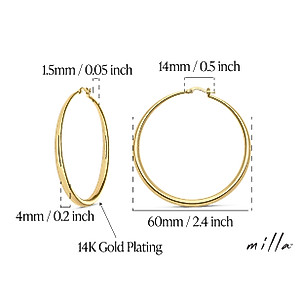 MILLA 14K Gold Hoop Earrings For Women, Silver Hoop Earrings & Rose Gold Earrings with Graduated Curvature (14K Gold Plated/Medium - 2.4 in)