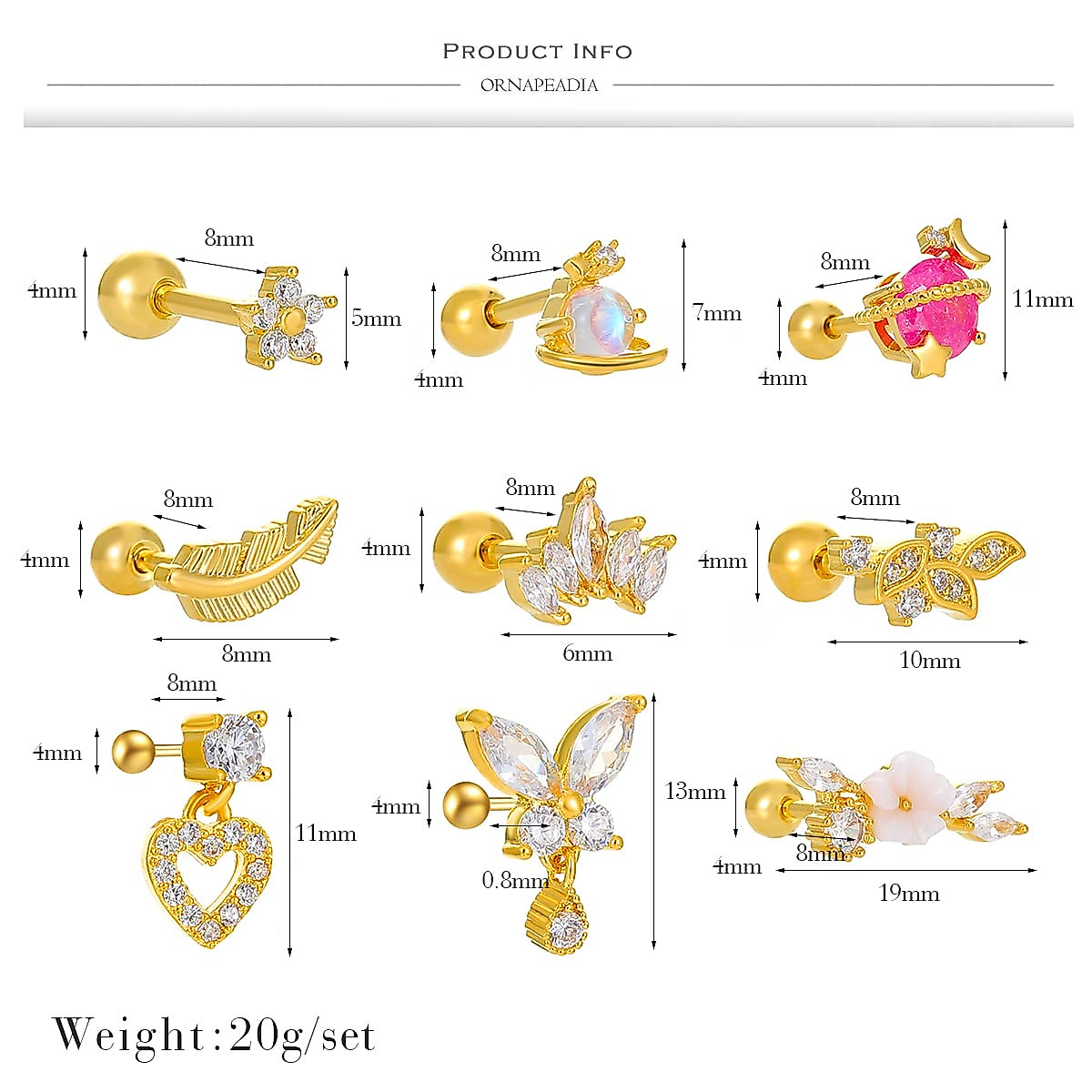 SCORAMAL 9 Pcs Tragus Helix Earrings Cartilage CZ Tragus Piercing Jewelry Butterfly Star Flower Stud Earring for Women Girls (Gold)