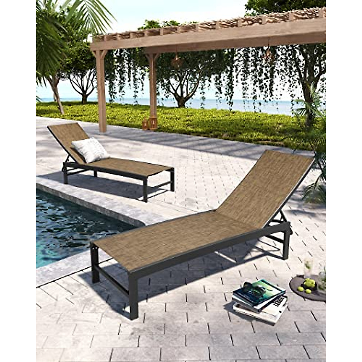 Pellebant Outdoor Lounge Chairs Set of 2, Patio Aluminum Chaise Lounge with Adjustable Backrest, Rustproof Pool Lounge Chairs for Pool Deck Sunbath(2pcs,Grey&Brown)