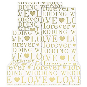 Love Forever Wedding Letter With Hearts White & Gold Foil Design Wrapping Paper Folded Flat 4 Sheets 20x28 inches Per Sheet For Weddings, Bridal Showers, Engagements