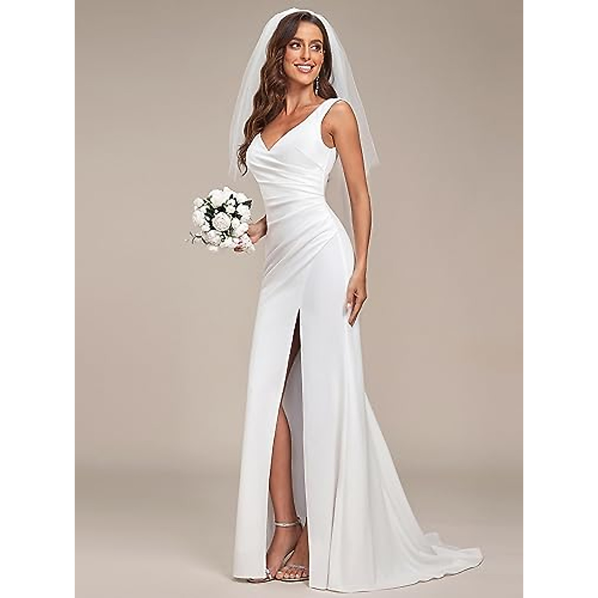 Ever-Pretty Women's Plus Size Ruched Sleeveless Thigh Slit Wedding Dresses for Bride White US24