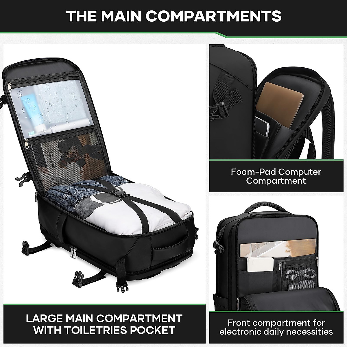 Maelstrom Travel Backpack for Men Women, 35L Carry on Backpack for Traveling on Airplane,with Belt Bag&Shoe Compartment,Waterproof Laptop Backpack fit 17”Laptop-Classic Black, Large