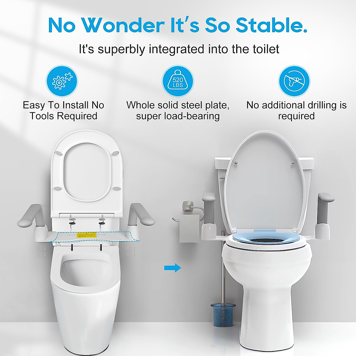 Toilet Safety Rails for Elderly (520 lbs), Handicap Toilet Rails with Foldable Handles, Toilet Assist Rails, Toilet Rails for Seniors, Heavy Duty Toilet Safety Frames Rails with Arms, Easy Installatio