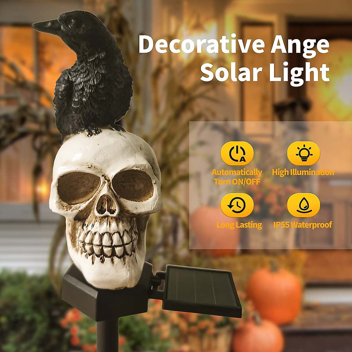 QH Garden Halloween Outdoor Decoration - Solar Lights, Waterproof Ghost & Skull Lights with Black Crow, Skeleton Stakes with LED, Stunning Decorations