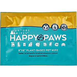 Venture Wipes Happy Paws - Natural Pet Wipes for Dogs and Cats - Biodegradable Grooming Wipes for Paws, Eyes, Ears, Glands, and More - Large Cleansing Cloths for Pet Care Essentials (20 Count)