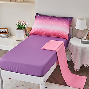 Cloele 4 Piece Toddler Bedding Set for Girls - Star Glitter Toddler Comforter Set Includes Comforter Fitted Sheet Flat Sheet Reversible Pillowcase - Pink Purple Toddler Sheet Set for Girls