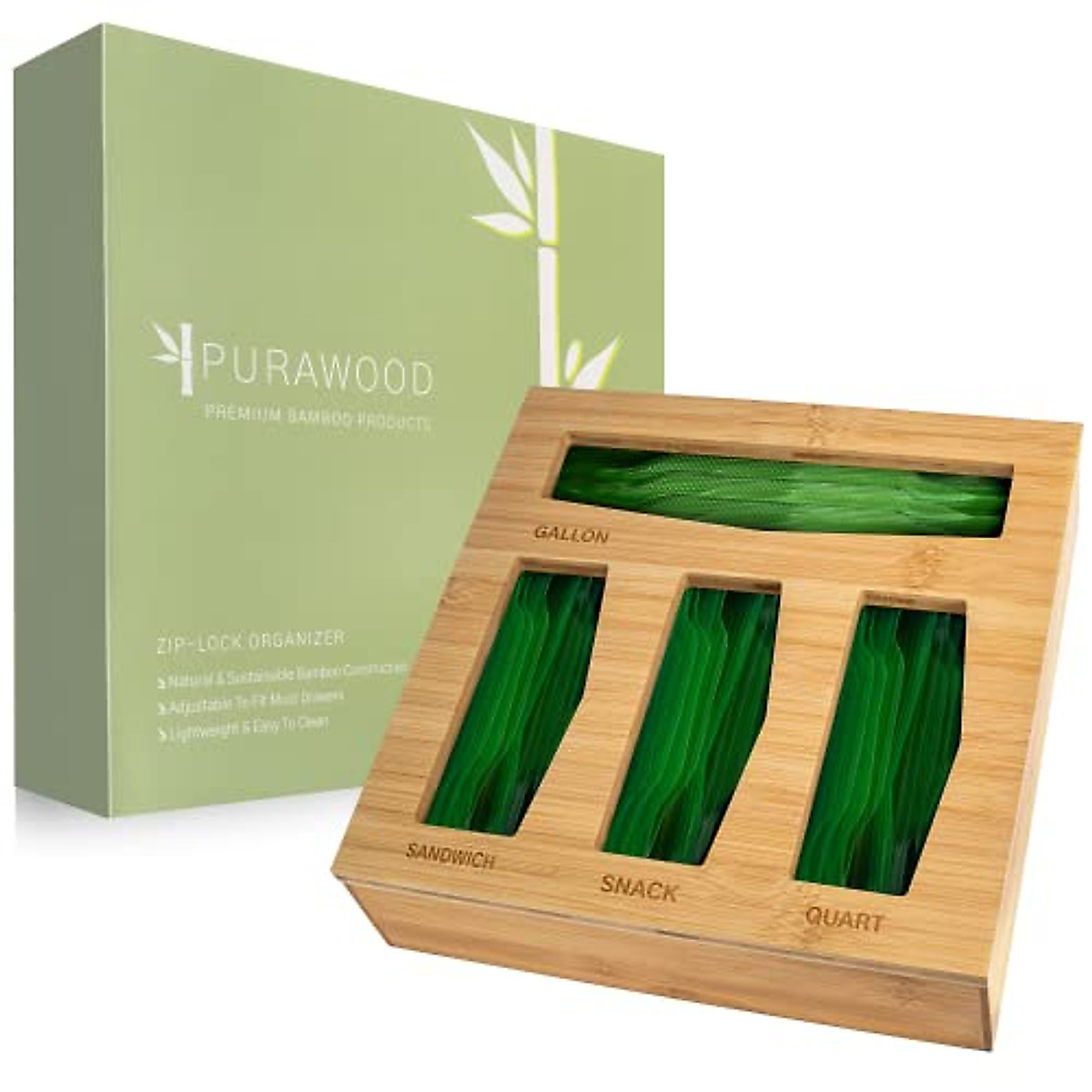 Purawood Ziplock Bag Storage Organizer - Natural Bamboo Drawer Organizer to Declutter Your Kitchen – Easy & Efficient Plastic Bag Organizer - Plastic Bag Holder Compatible with all Brands