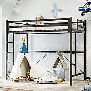 IKIFLY Metal Loft Bed Twin Size, Heavy Duty Junior Loft Bed Frame with 2 Ladders & Safety Guard Rail, Noise Free, Space-Saving, No Box Spring Needed - Black