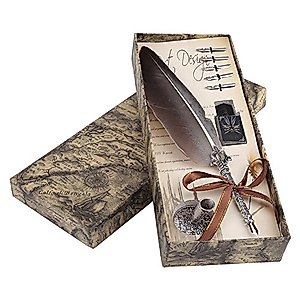 FTVOGUE English Calligraphy Retro Carved Feather Dip Quill Pen Writing Set Stationery Gift Box with 5 Nibs and 1 Ink Bottle(Black)