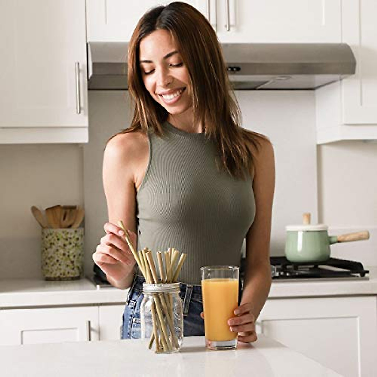 Ibambo 10 Pack Natural Bamboo Straws - Ecofriendly Reusable Straws, 8 inch Biodegradable Straws, Compostable Straws with Straw Cleaner, Bamboo Reusable Straws Alternative to Plastic Disposable Straws