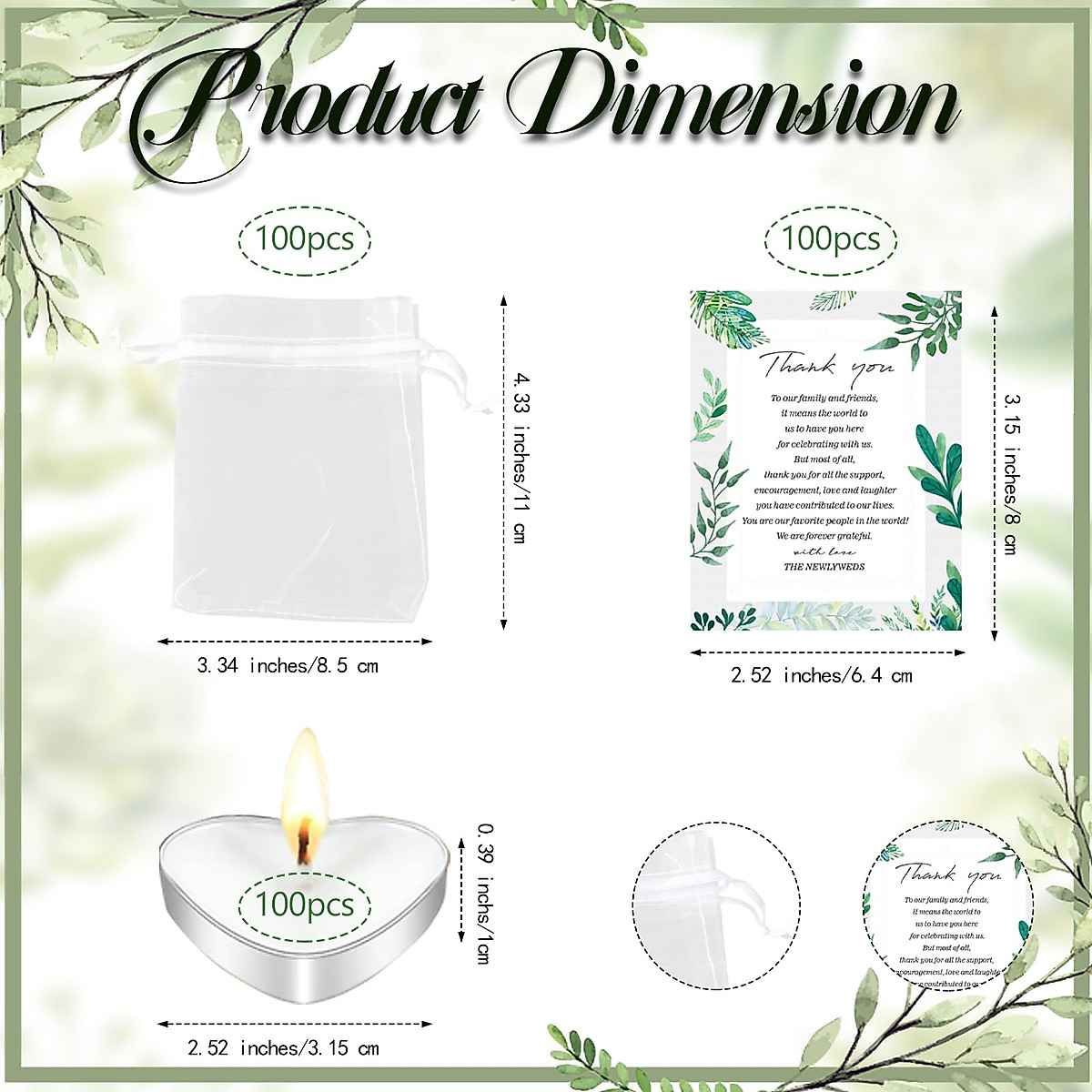 Set of 100 Wedding Gifts for Guests Mini Heart Shaped Candles Wedding Favors for Guests Bulk Candles Thank You Cards and Sheer Organza Bags Wedding Party Favors Personalized Wedding Souvenirs