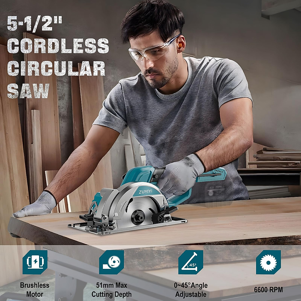 ZUYIYI 5-1/2" Cordless Circular Saw for Makita 18V Battery, Brushless 6600RPM Max Cutting Depth 2" (90°), Compact Tile Saw for Wood, Tile, Soft Metal, Plastic Cutting (NO Battery)