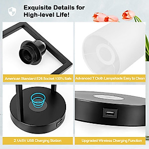 TOBUSA Wireless Charging Touch Control Table Lamps Set of 2, Bedside Nightstand Lamps White Fabric Shade, Modern Dimmable Desk Lamps for Bedroom Living Room Office Warm White E26 Bulbs Included