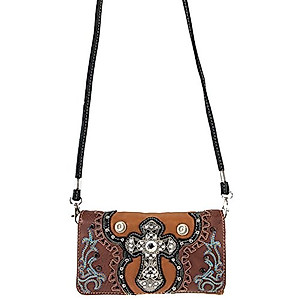 Justin West Concealed Carry Laser Cut Square Concho Embellishment Cross Studded Antique Embroidery Handbag/Wallet/Messenger Purse (Brown Tote and Wallet Set)