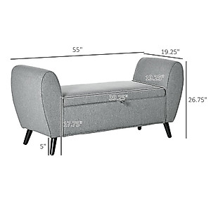HOMCOM Upholstered Storage Ottoman, Armed Storage Bench with Rubber Wood Legs for Living Room, Light Gray